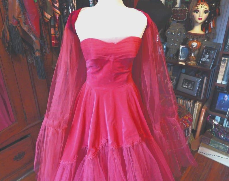 SALE Outrageous 50s Ruby Pink Rose Velvet and Tulle Strapless Ball Gown ...