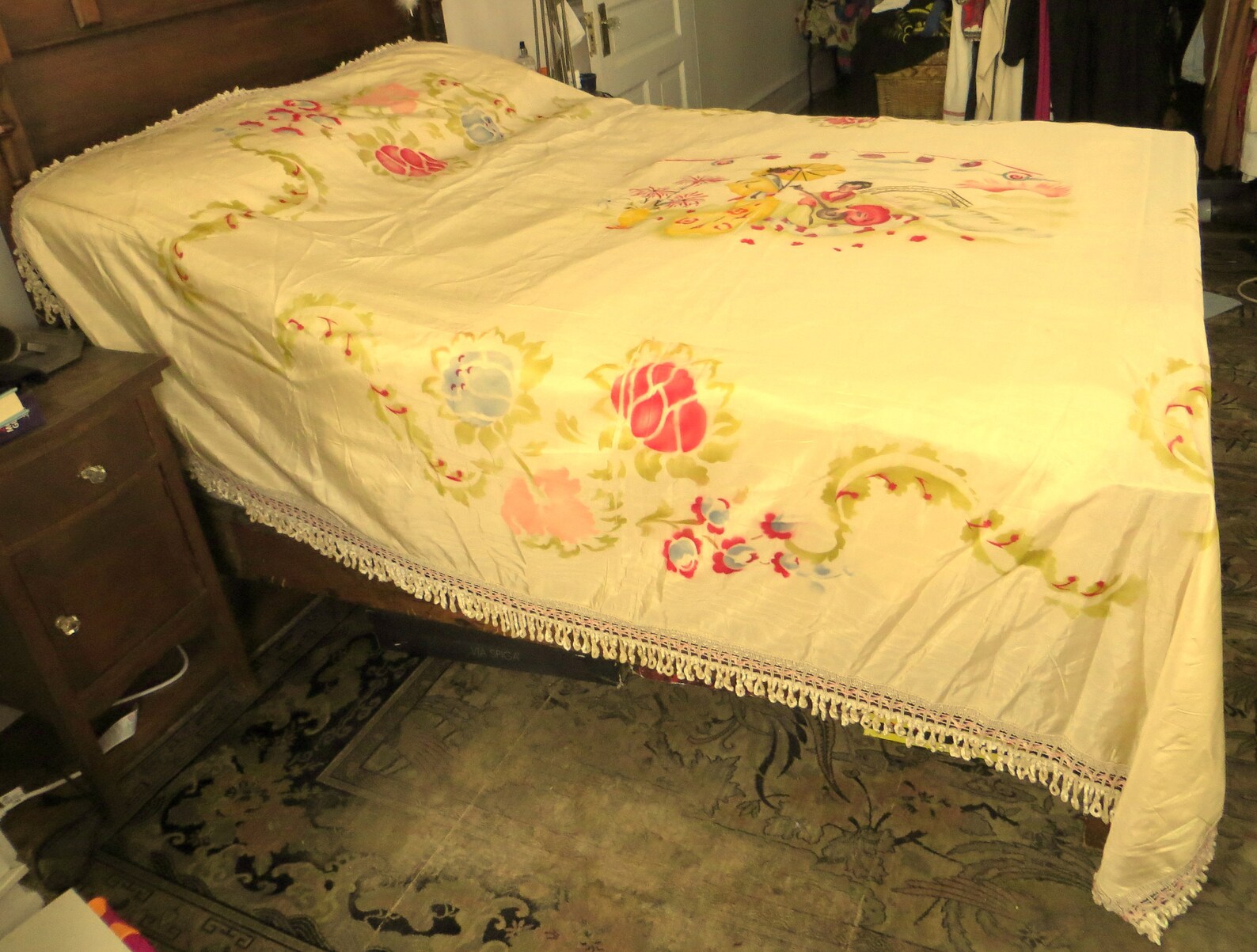 SALE Antique Asian Silk W/chenille Fringe Air Brushed/painted - Etsy