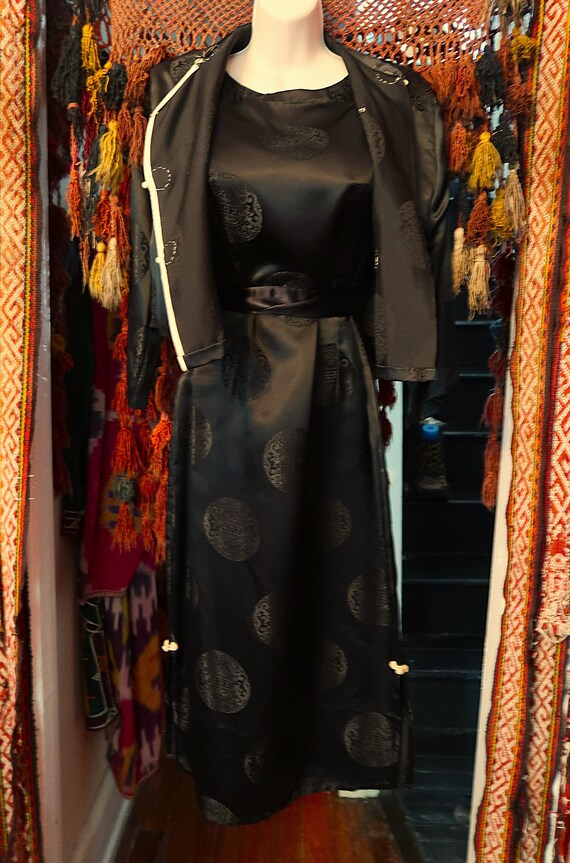 Rare 50s Two Piece Asian Black on Black Brocade Silk … - Gem
