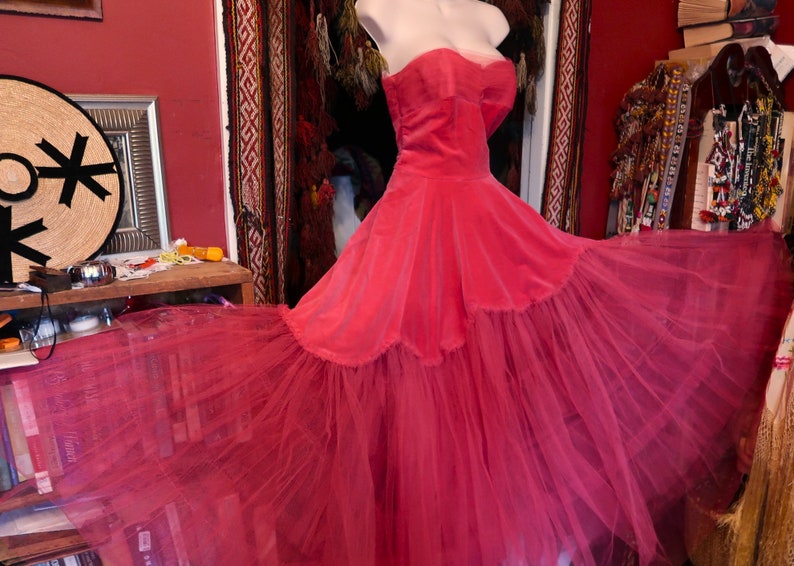 SALE Outrageous 50s Ruby Pink Rose Velvet and Tulle Strapless Ball Gown ...
