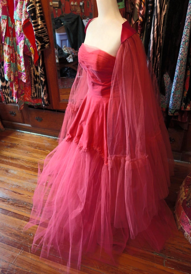 SALE Outrageous 50s Ruby Pink Rose Velvet and Tulle Strapless Ball Gown ...