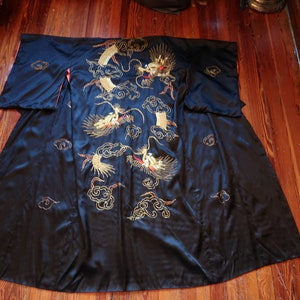 SALE Rare Asian Black & Gold Dragon Kimono Heavily Embroidered in Metallic Gold Threading W ...