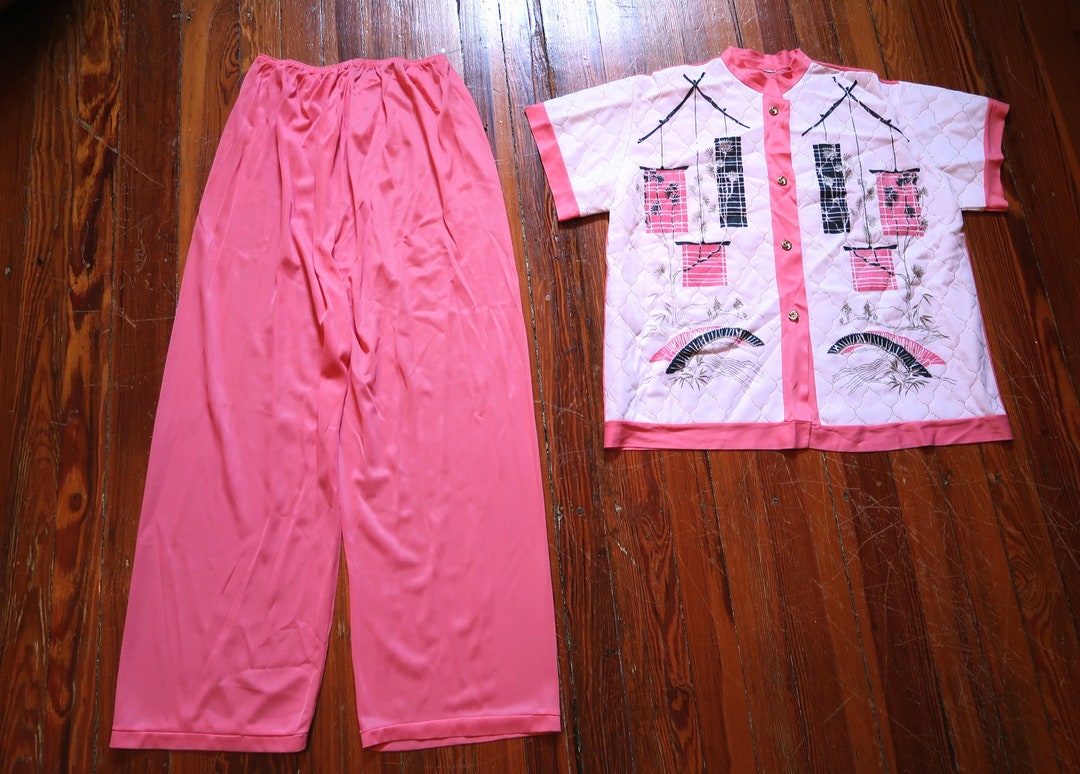 Rare MCM 50s Hot Pink Asian Pajama Set W/fab Lightly Quilted White Top ...