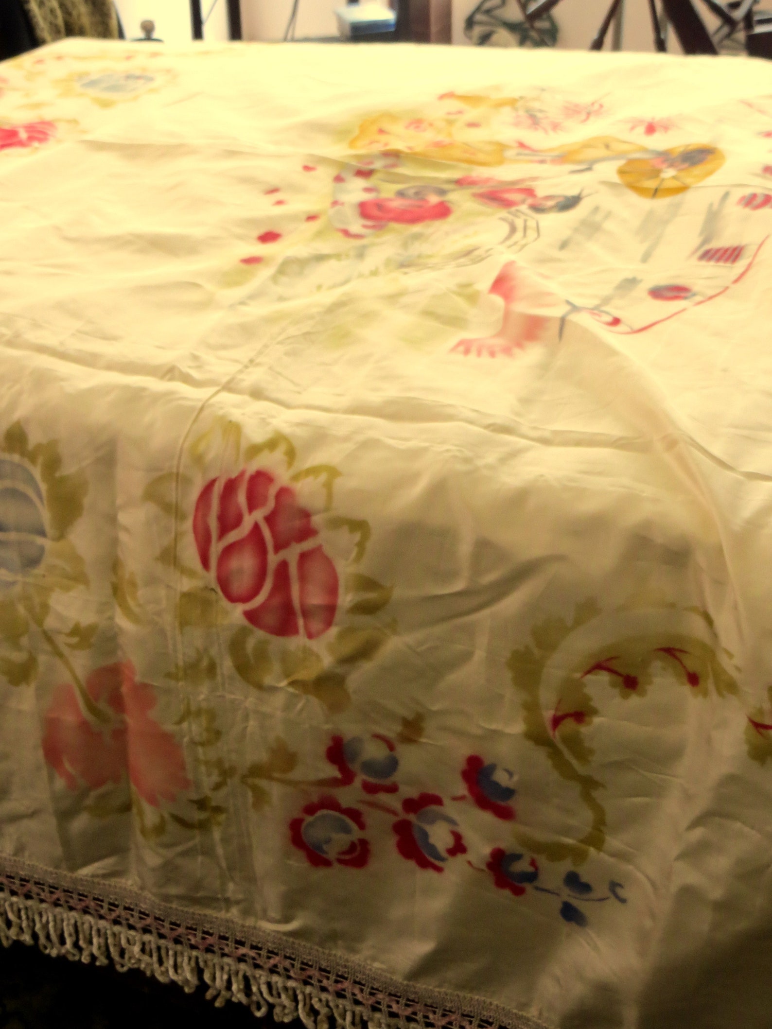 SALE Antique Asian Silk W/chenille Fringe Air Brushed/painted - Etsy