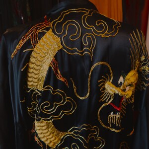 SALE Rare Asian Black & Gold Dragon Kimono Heavily Embroidered in Metallic Gold Threading W ...