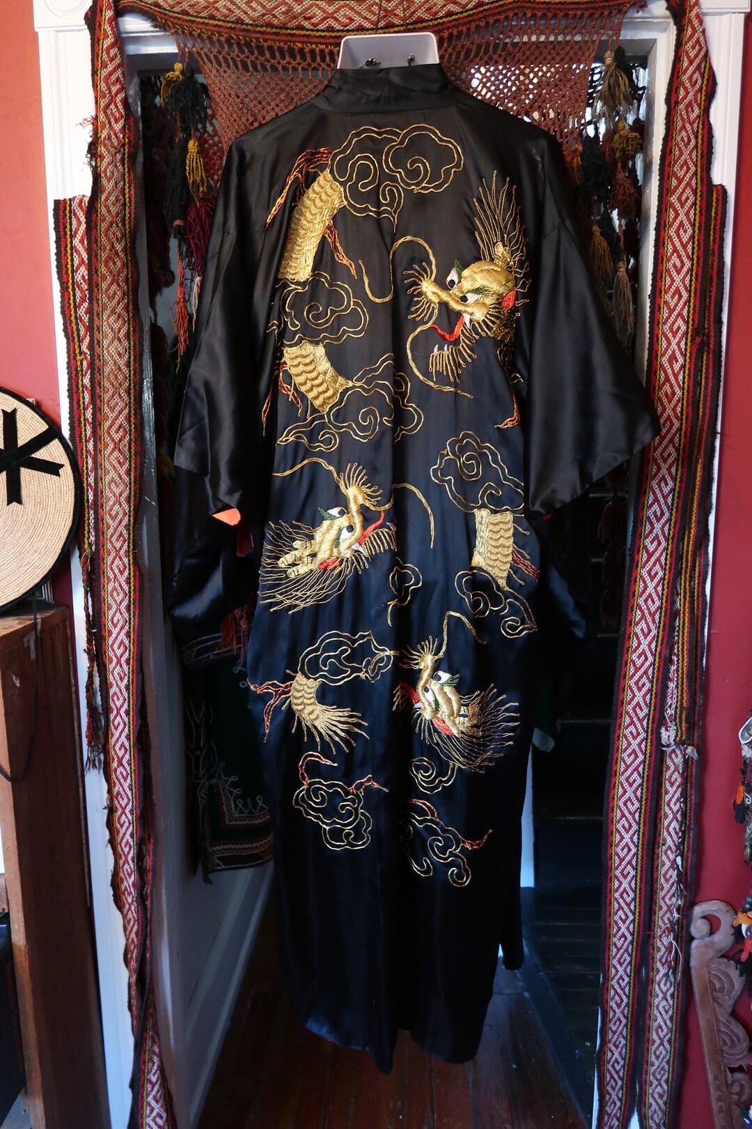 SALE Rare Asian Black & Gold Dragon Kimono Heavily Embroidered in Metallic Gold Threading W ...