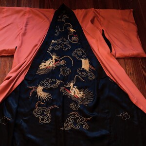 SALE Rare Asian Black & Gold Dragon Kimono Heavily Embroidered in Metallic Gold Threading W ...