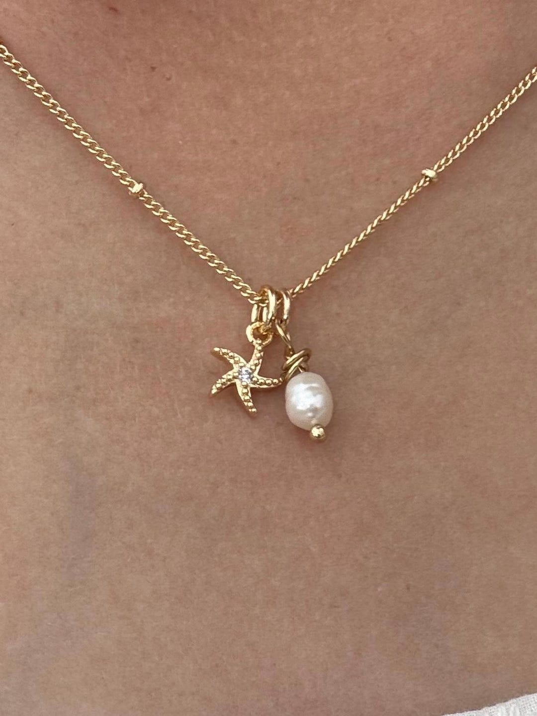 Gold Ocean Dreamer Necklace Pearl and Starfish Ocean and I Satellite ...