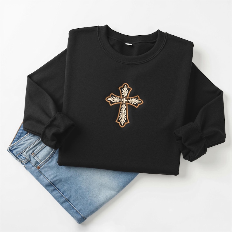 Ornate Christian Cross Embroidery Design, Leaf Motifs (2-5 Inch) Pes ...
