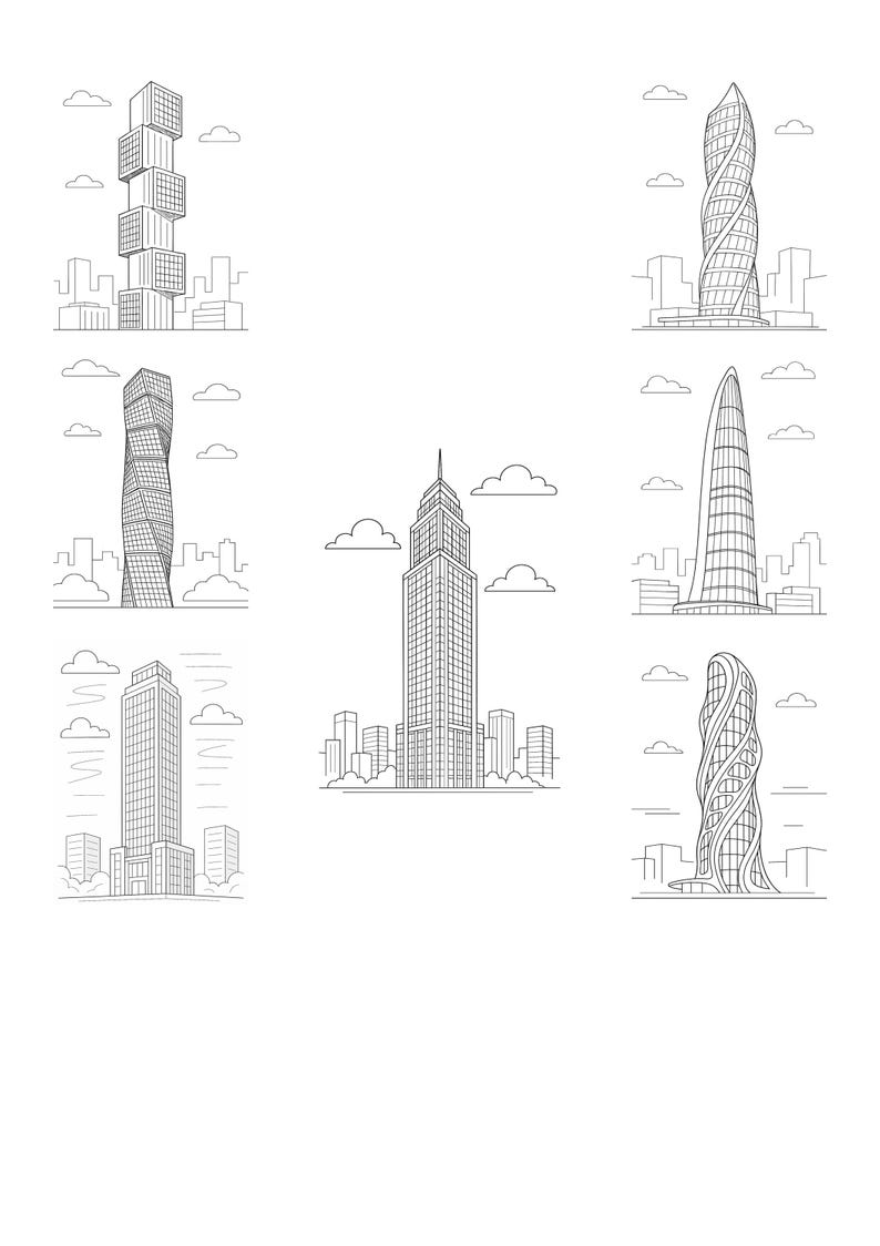 7 Modern Skyscraper Coloring Book for Adults | Buildings to Color ...
