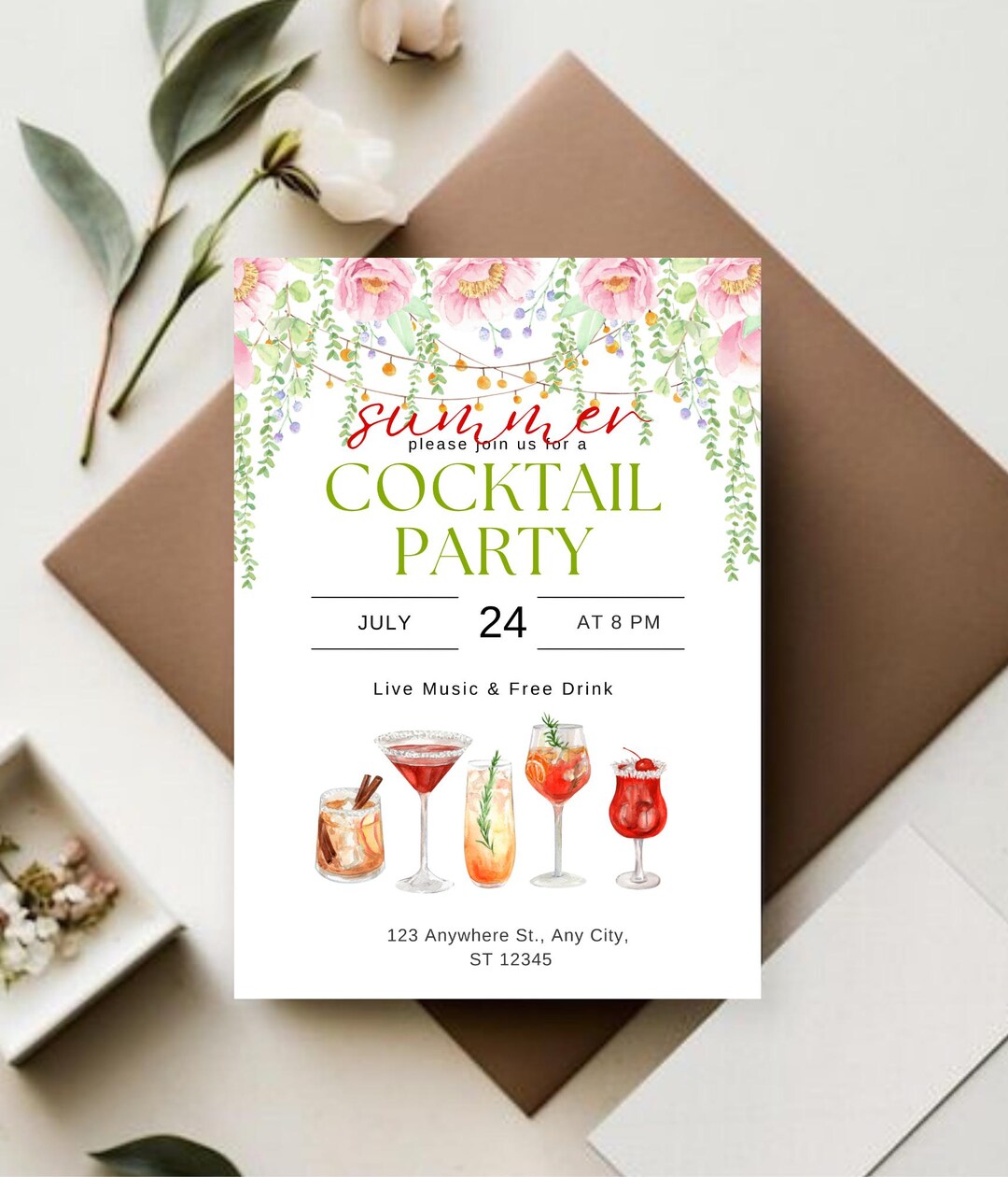 Summer Cocktail Party Invitation | Editable Template | Floral Drink ...
