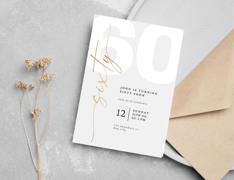 Elegant Minimal 60th Birthday Invitation Template | Editable Digital ...