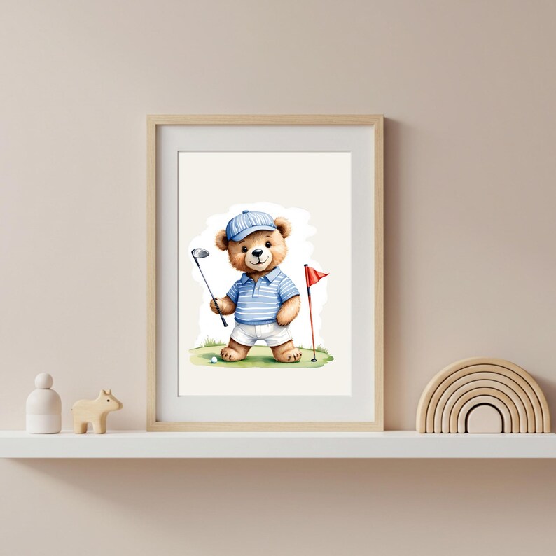 Vintage Golfer Teddy Bear in a Cap Wall Art Watercolor Sports Pictures ...