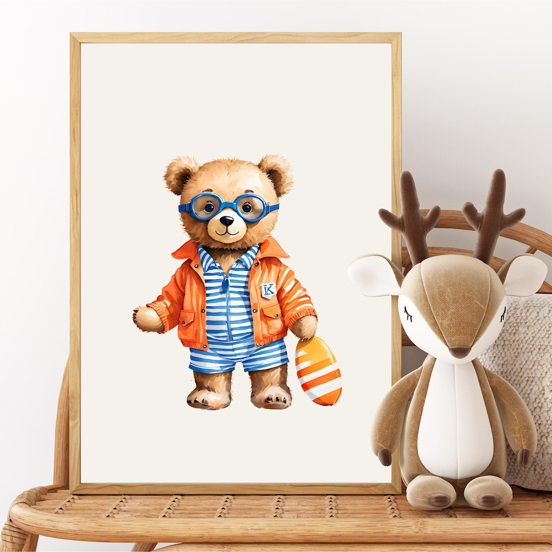 Surfer Bear Sports Nursery Decor Vintage Teddy Bear Watercolor Wall Art ...