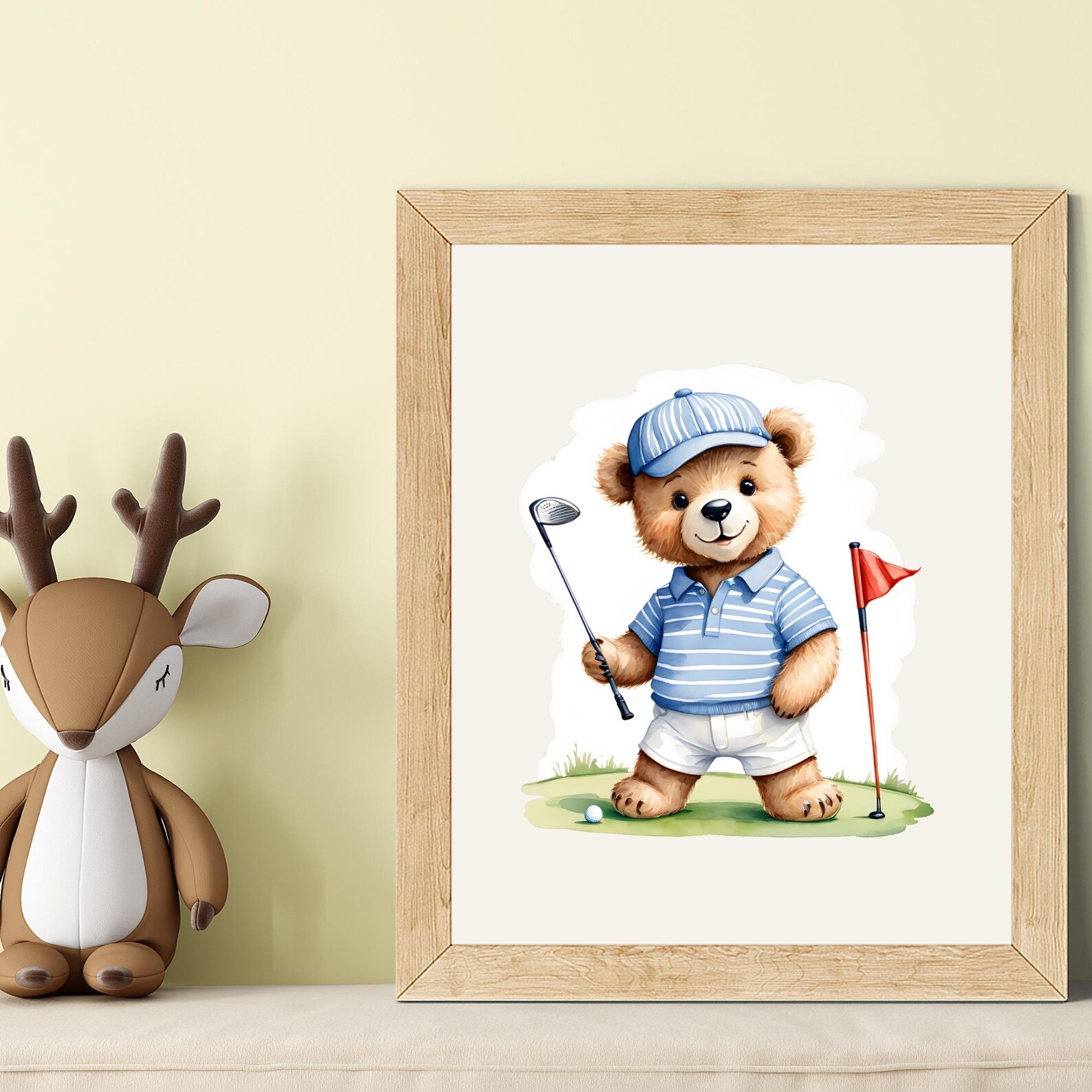 Vintage Golfer Teddy Bear in a Cap Wall Art Watercolor Sports Pictures ...