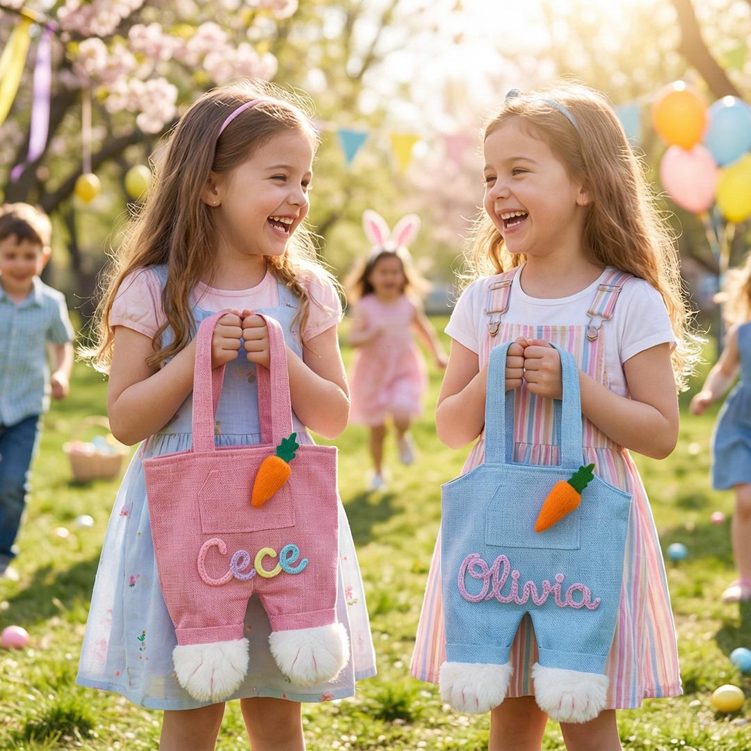 Personalized Easter Bunny Overalls Bag, Custom Name Easter Egg Hunt Bag ...