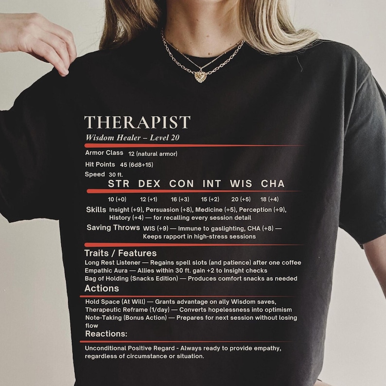Dnd Therapist Stat Block Shirt: Mental Health Therapist RPG Tee ...