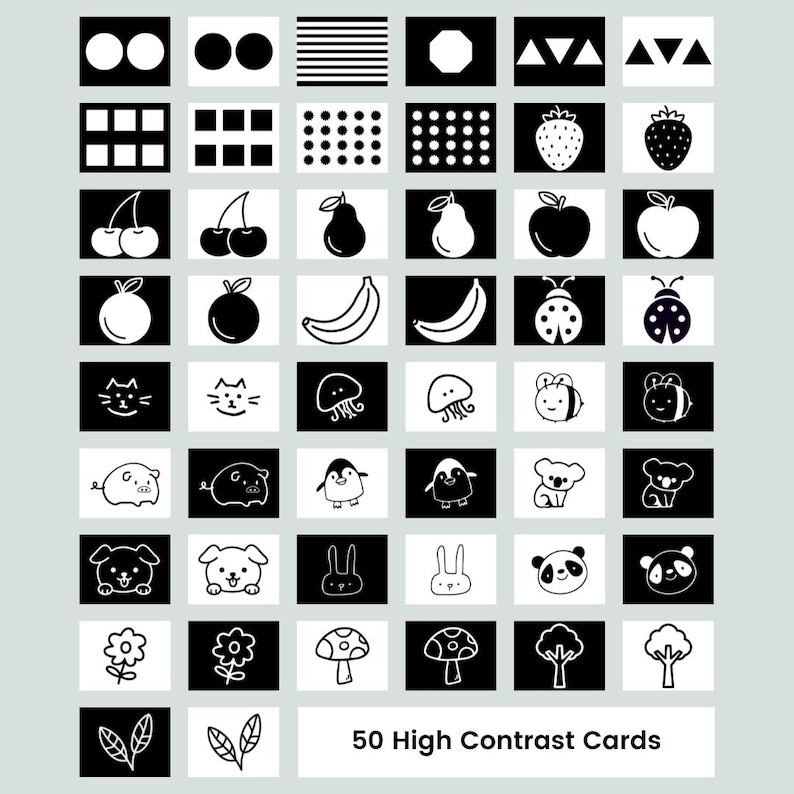 50 High Contrast Cards Fun & Cute Animal, Nature, Fruit and Patterns ...
