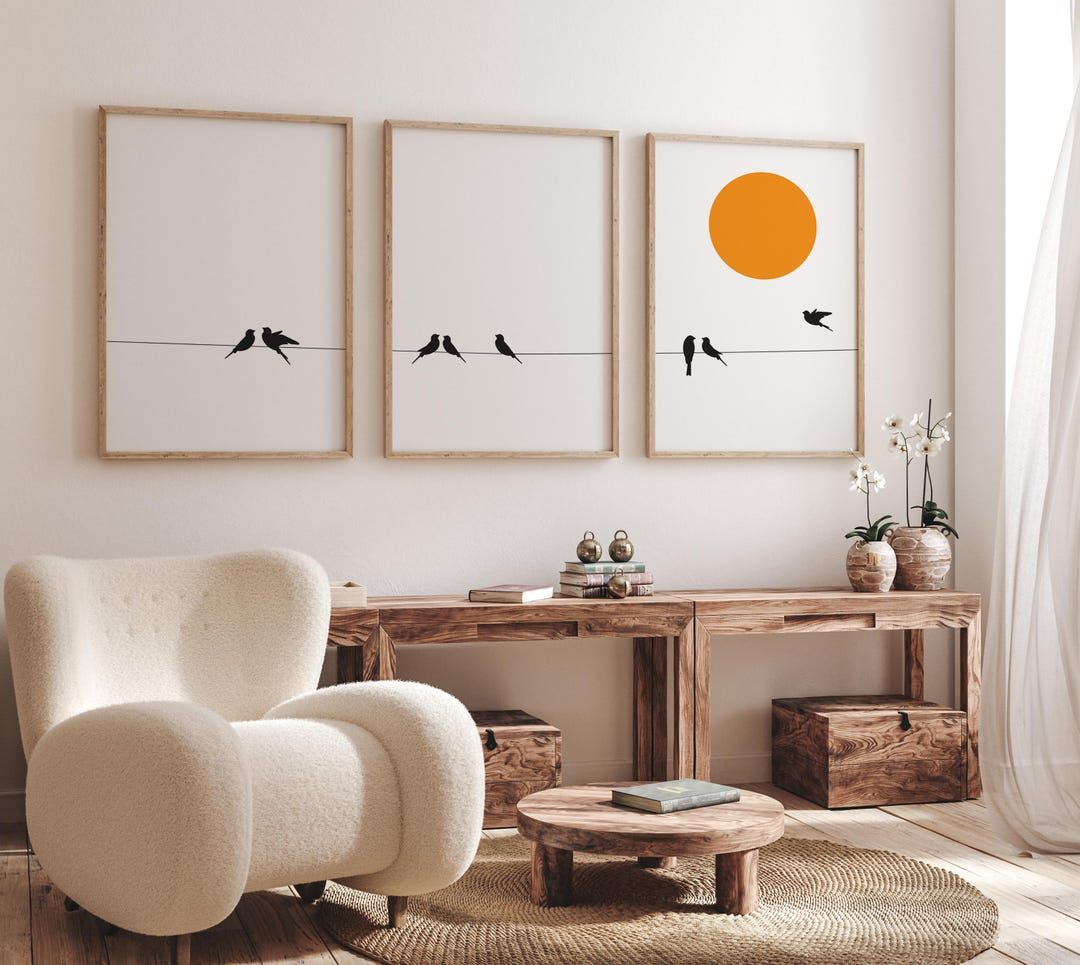 Minimalist Birds on Wire Triptych Art Prints: Scandinavian Decor ...