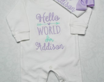Baby Girl Coming Home Outfit Baby Girl Clothes Personalized Baby Girl Gift Hello World Outfit ...