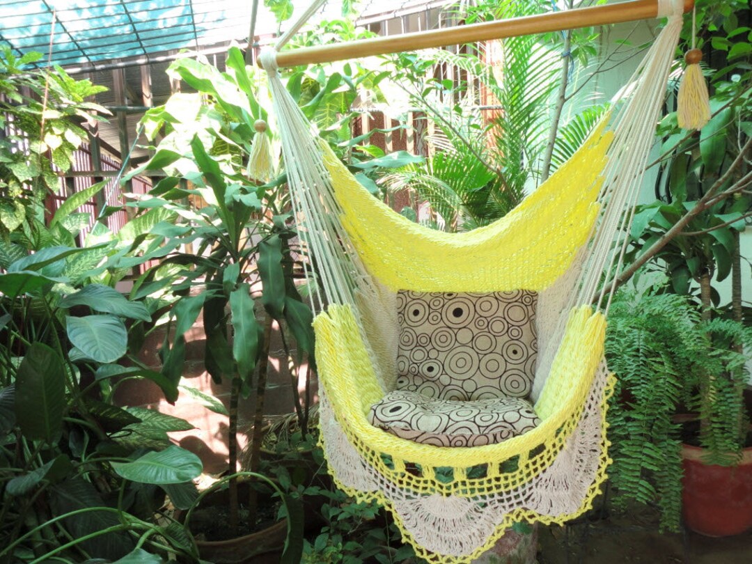 Beige and Yellow Hammock Chair. Sitting Hammock With Fringe. - Etsy