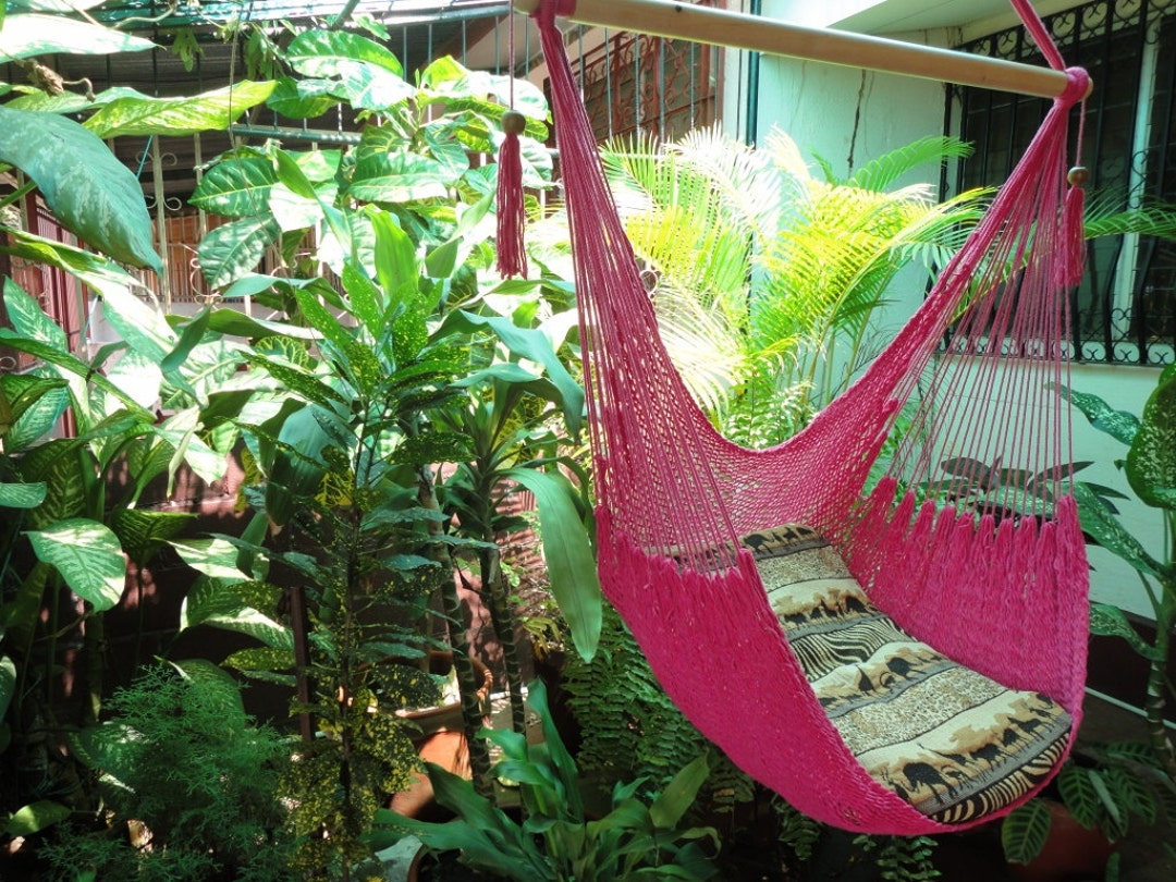 Fuchsia Sitting Hammock, Hanging Chair Natural Cotton and Wood - Etsy