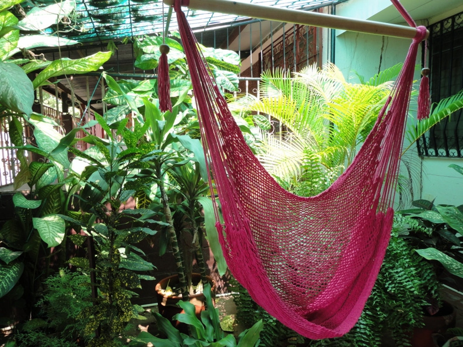 Fuchsia Sitting Hammock Hanging Chair Natural Cotton and Wood | Etsy