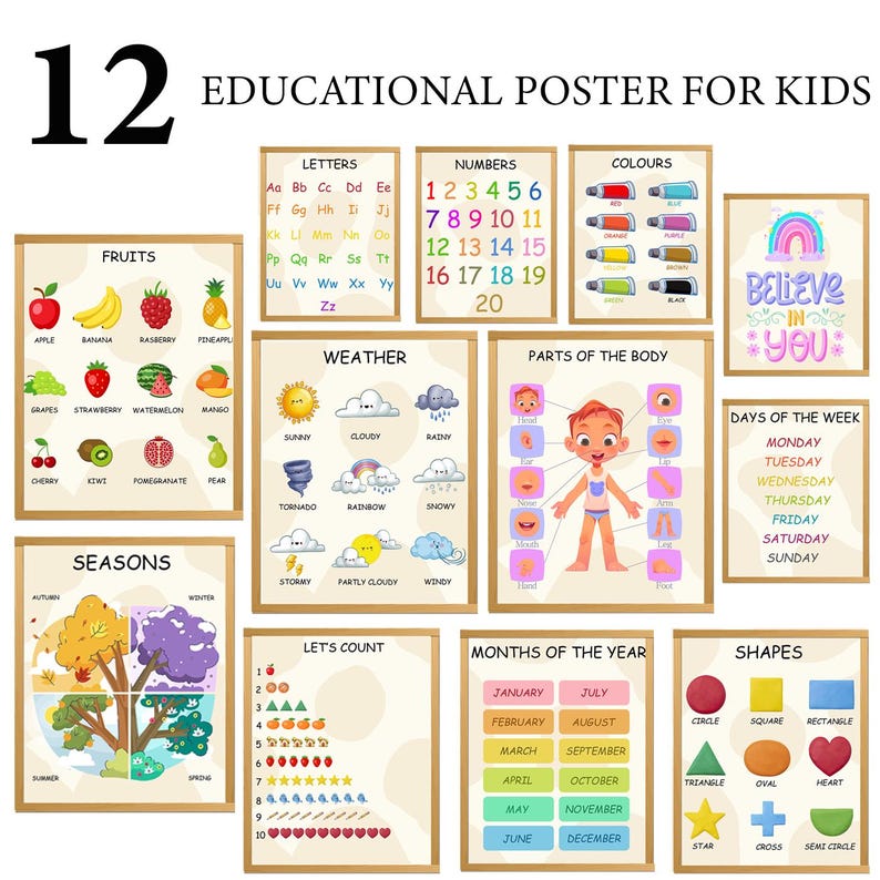 Educational Posters for Kids: ABC, Numbers, Colors, Shapes (digital ...