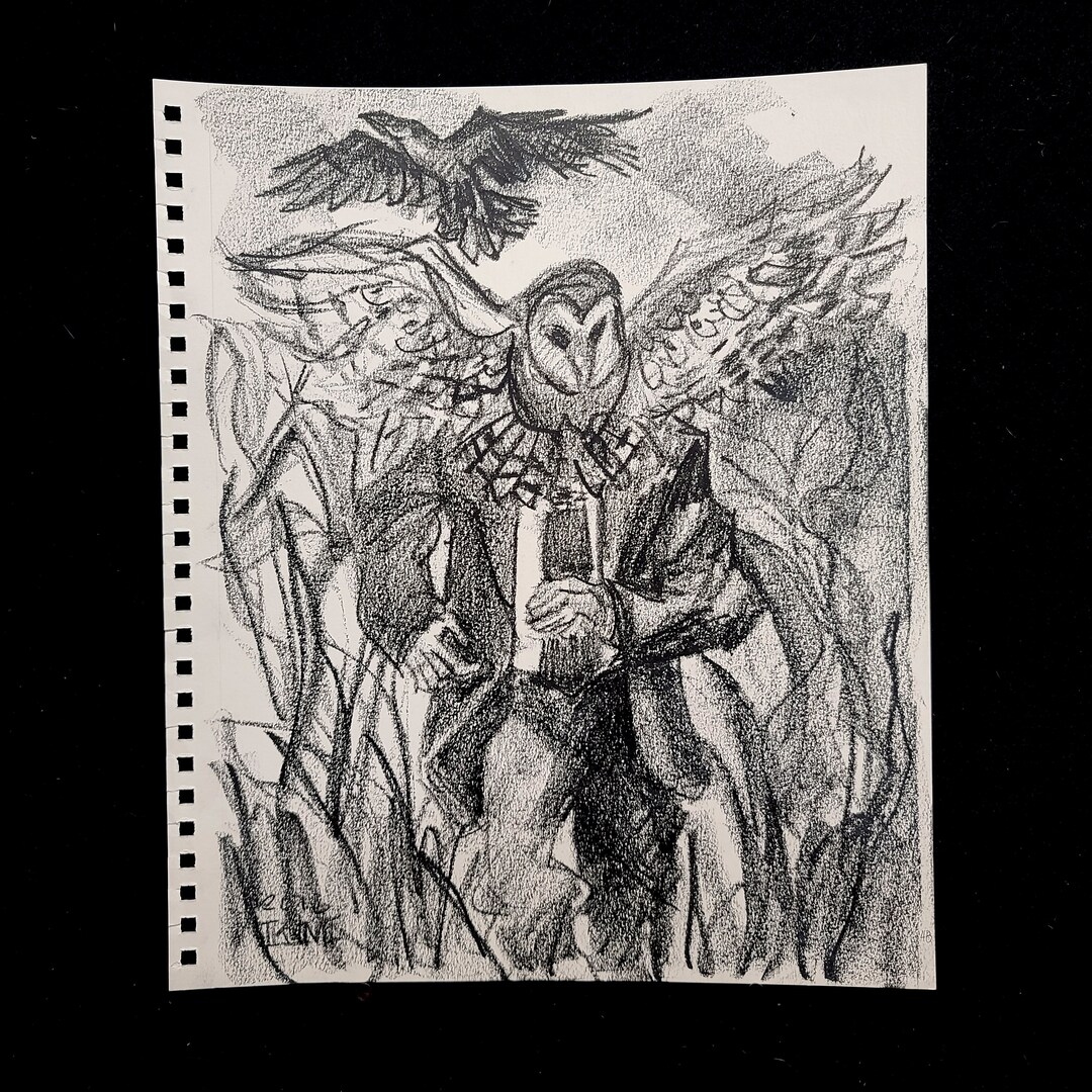 A Man Running From Crows With an Owl, 11x14 Inches Crayon on Sketchbook ...