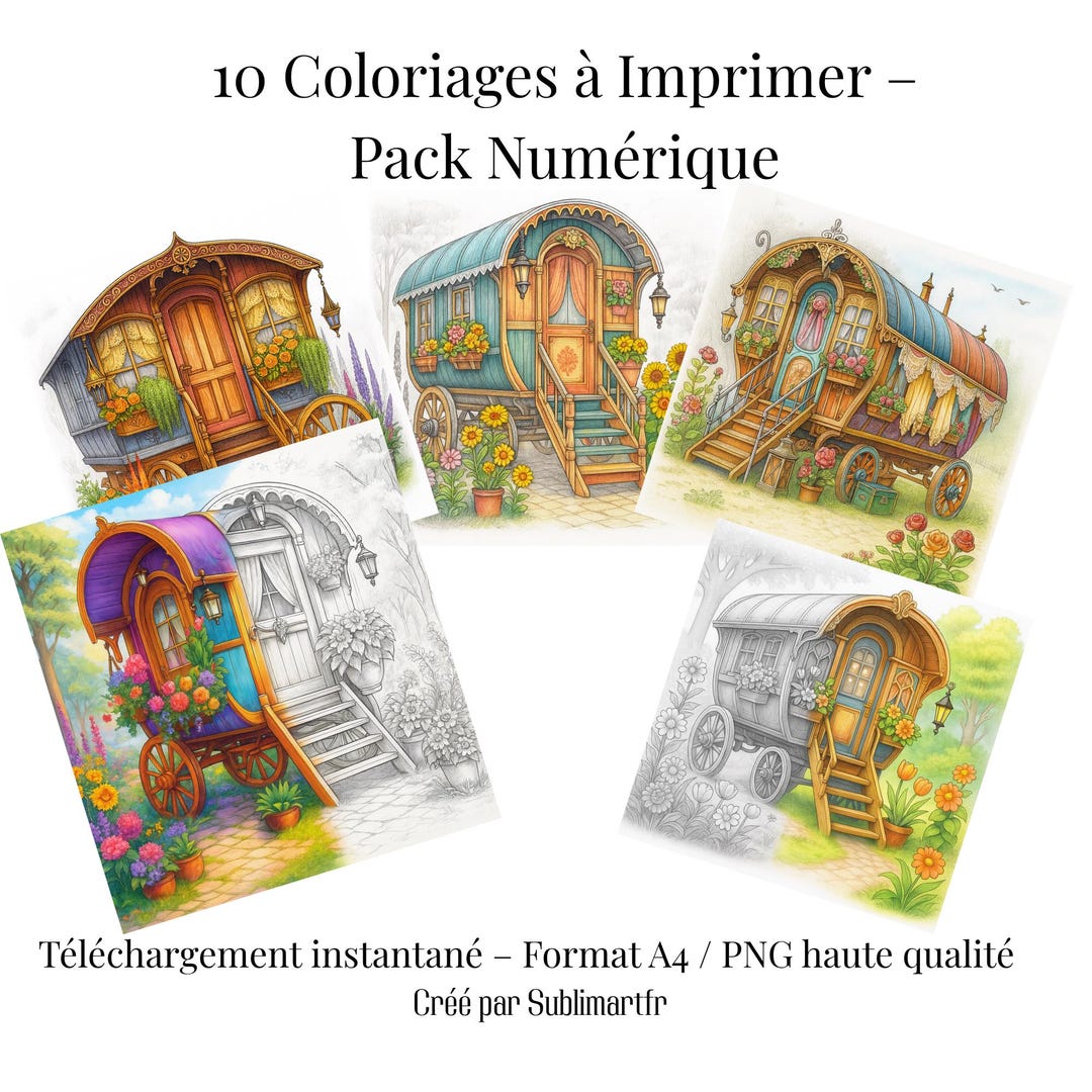 10 Bohemian Caravan Coloring Book – Detailed Fairytale Houses to Print ...