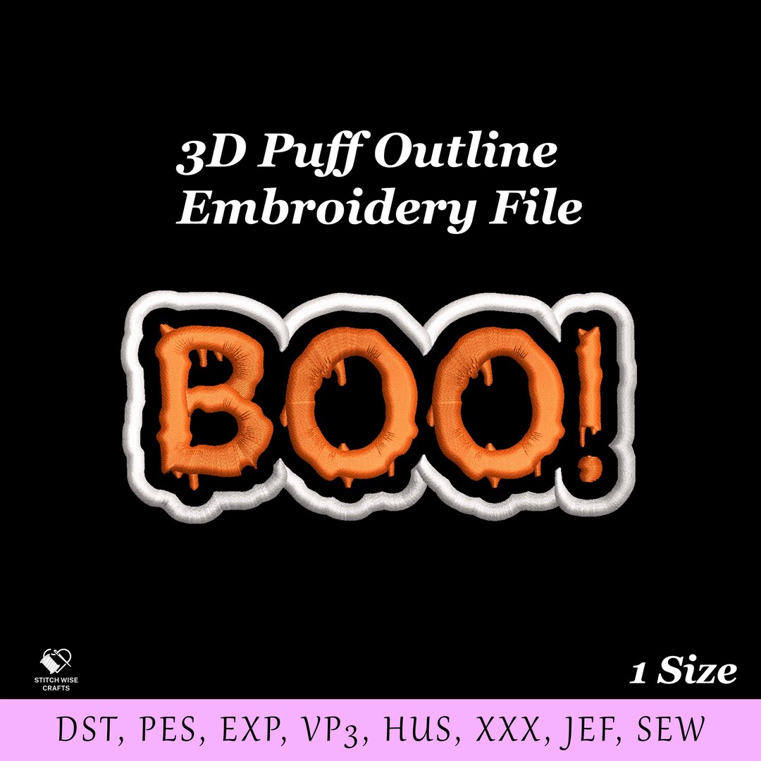 Boo Outline 3D Puff Machine Embroidery Designs File for Hats, Halloween ...