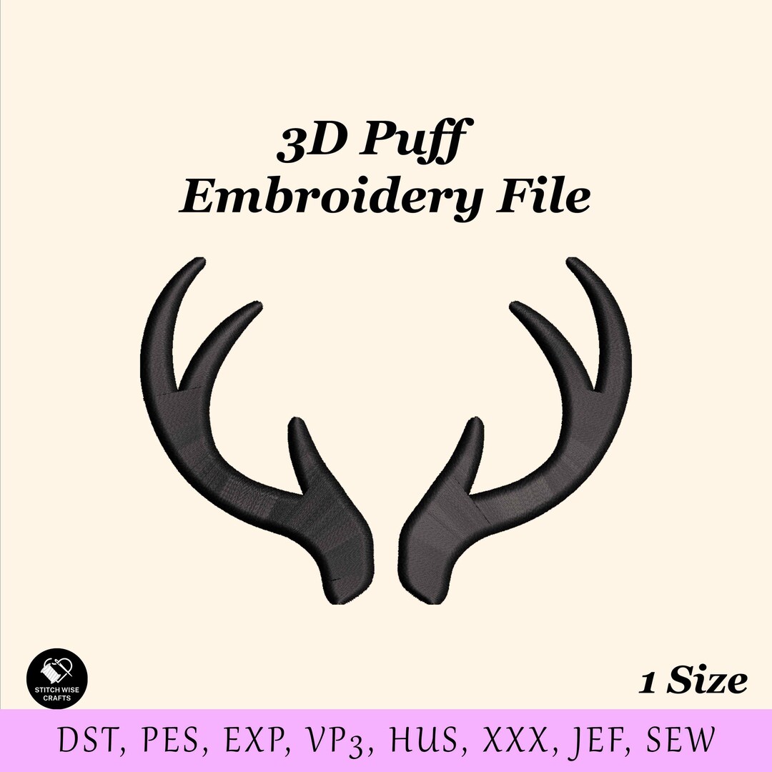 Antlers 3D Puff Machine Embroidery Designs File for Hats and Beanie ...