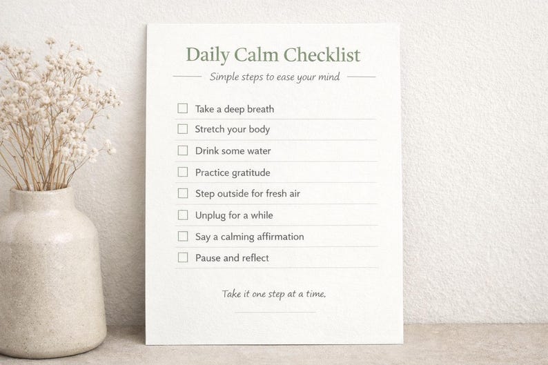 Daily Calm Checklist Printable, Anxiety Relief Self Care Sheet, Simple ...