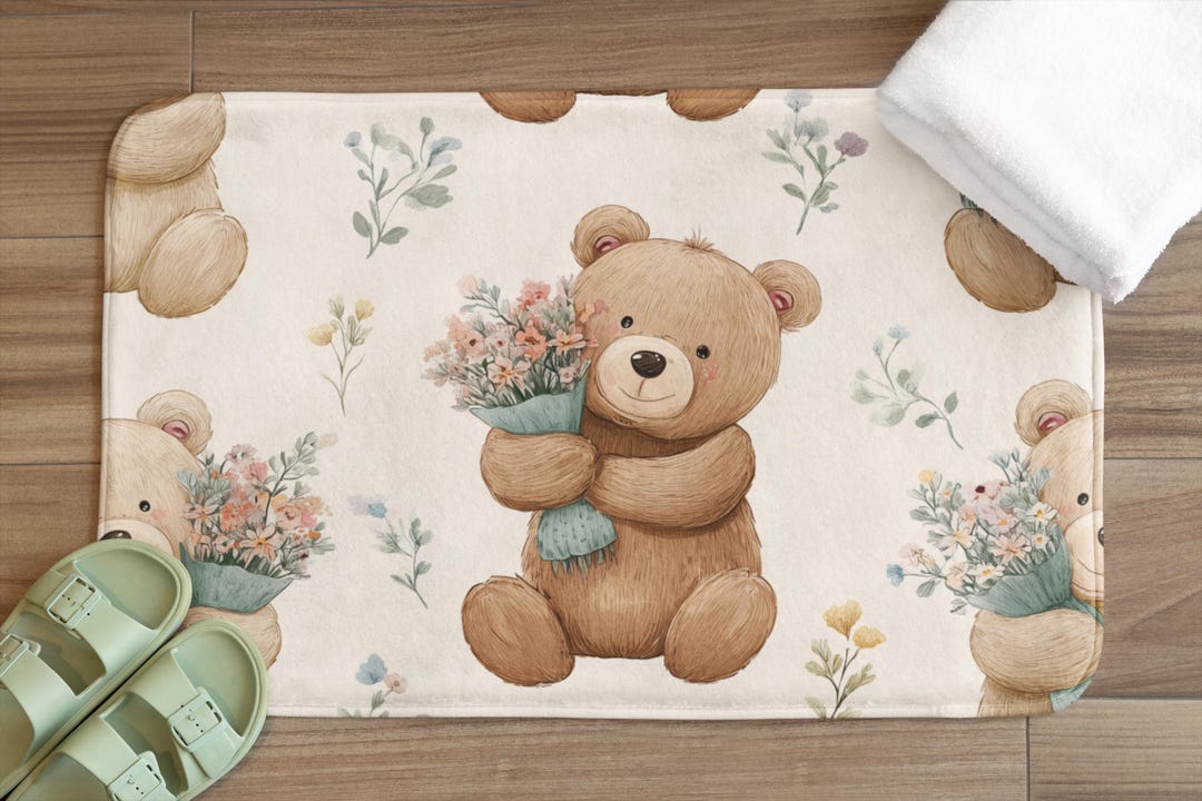 Teddy Bear Holding Bouquet Bath Mat | Floral Nursery Bathroom Rug - Etsy