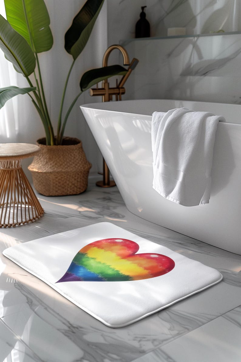 Rainbow Heart Bath Mat, Colorful Bathroom Decor, LGBTQ Pride Accessory ...