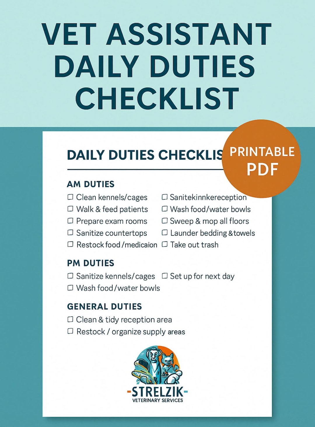 Vet Assistant Daily Duties - Printable Veterinary Clinic PDF - Etsy