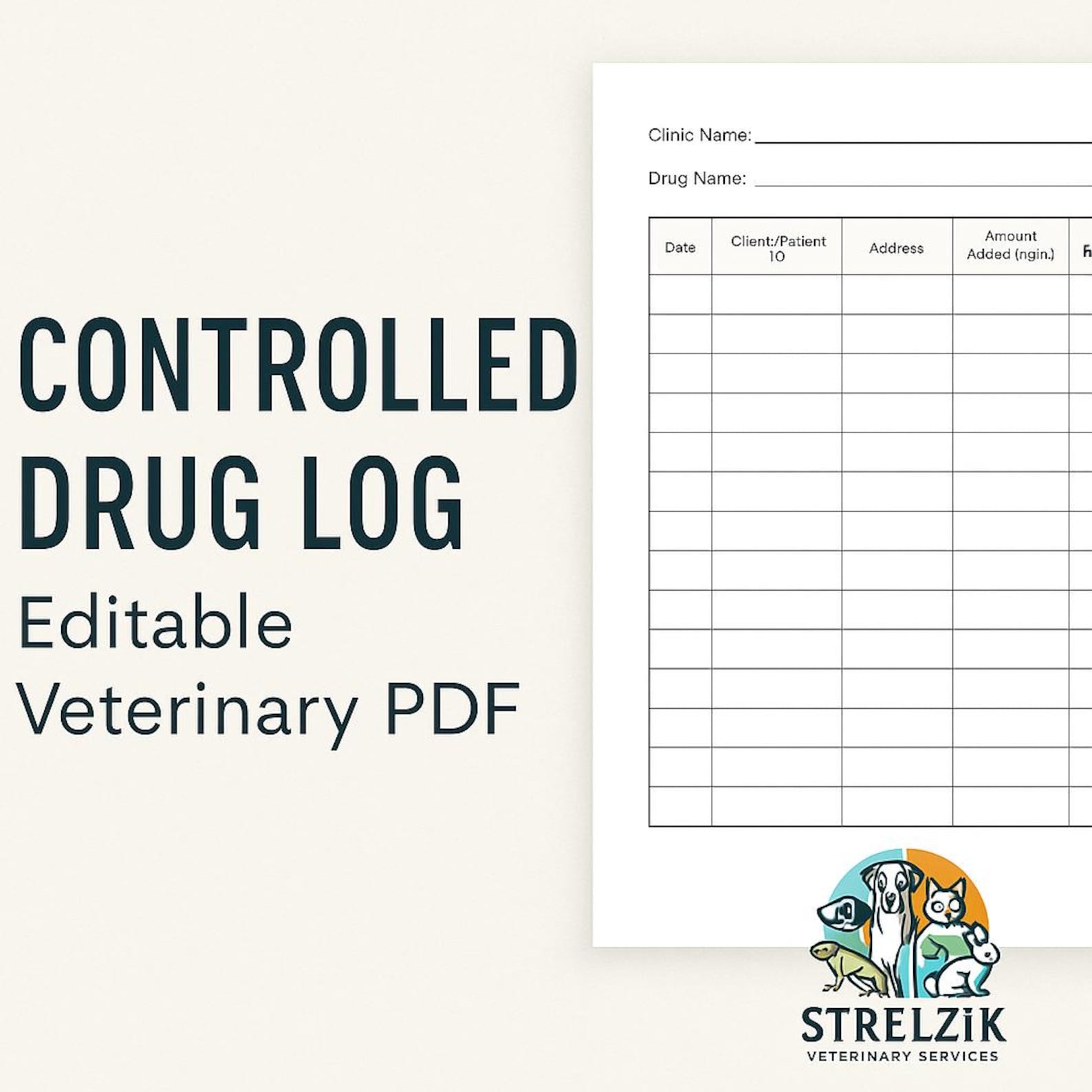 Vet Controlled Drug Log - Printable Veterinary Clinic PDF - Etsy