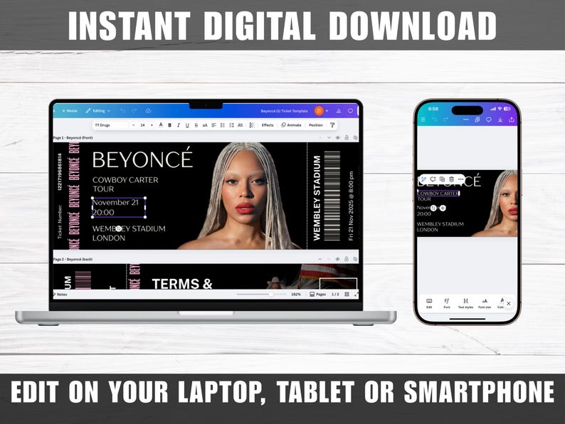 Editable Beyonce Concert Ticket Template Custom Printable Concert Ticket Canva Template Gift ...