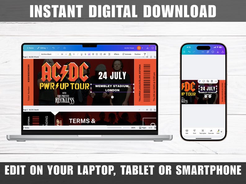 Custom ACDC Printable Ticket Template for Rock Fans AC Dc Editable Souvenir Gift for Concert ...