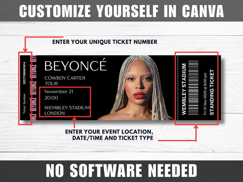 Editable Beyonce Concert Ticket Template Custom Printable Concert Ticket Canva Template Gift ...