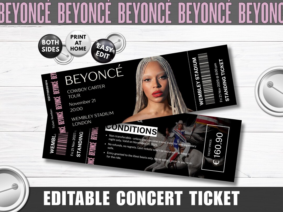 Editable Beyonce Concert Ticket Template Custom Printable Concert Ticket Canva Template Gift ...