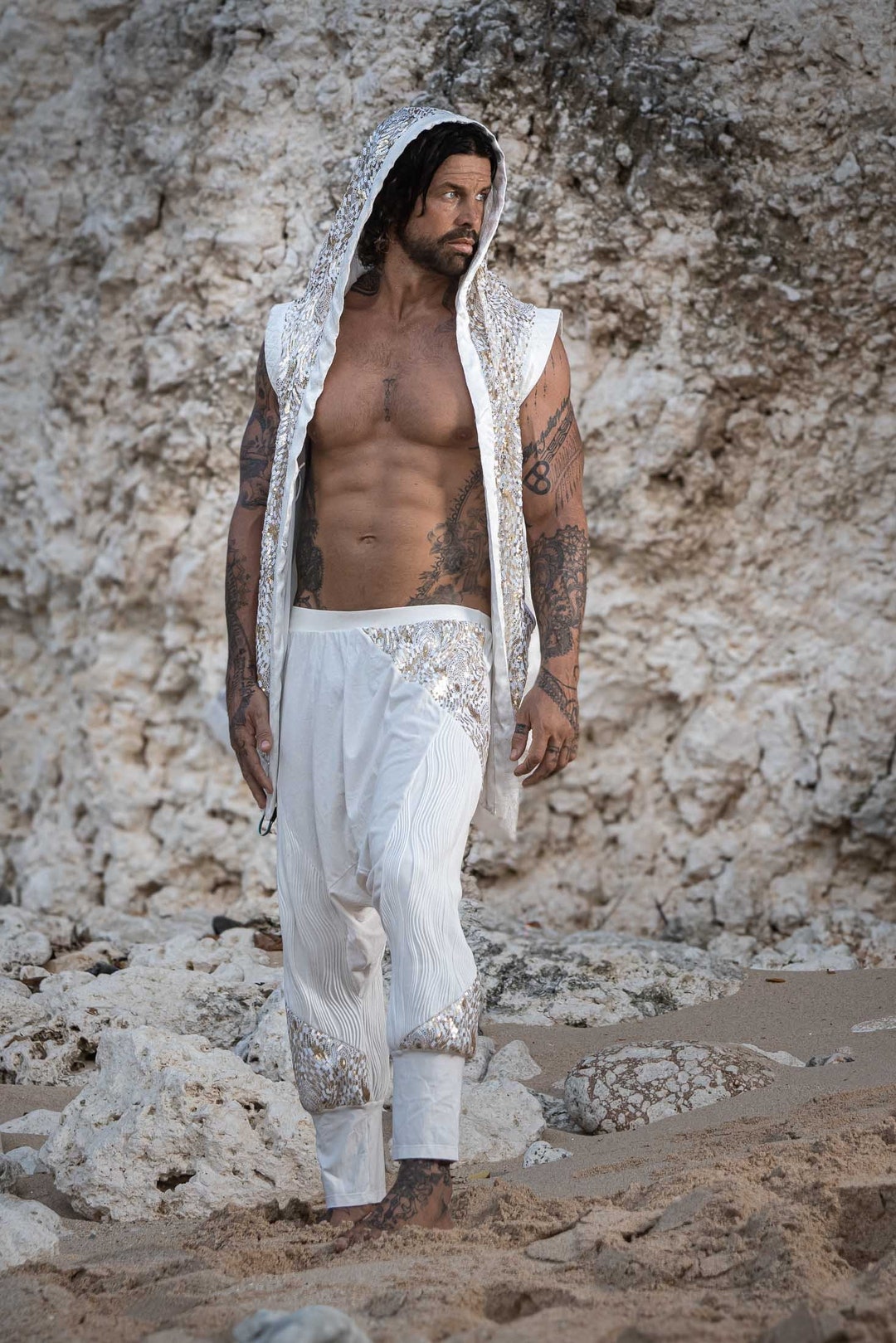 Sequin Harem Pants- White & Gold Mystic Fusion - Sirwal Festival Yoga ...