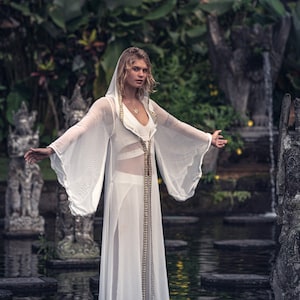 Luminous Oracle Kimono (white & Gold) Mesh Festival Kimono Robe With ...