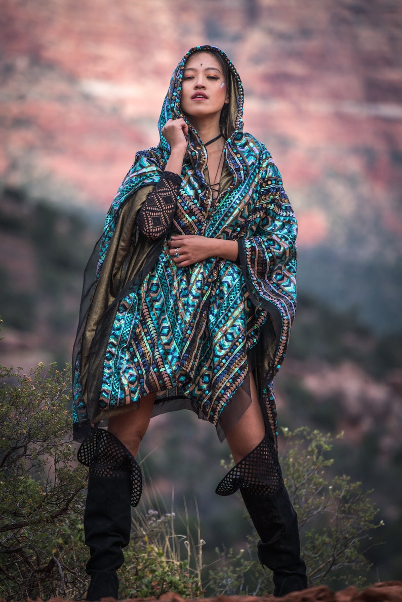 LED Turquoise Sequin Tribal Shaman Cape Halloween Costume | Etsy