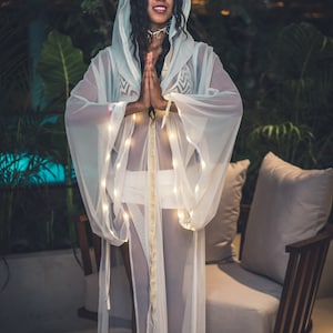 Luminous Oracle Kimono (white & Gold) Mesh Festival Kimono Robe With ...