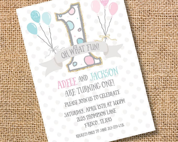 Twins Balloons Printable Invitation First Birthday Boy Girl Twins ...