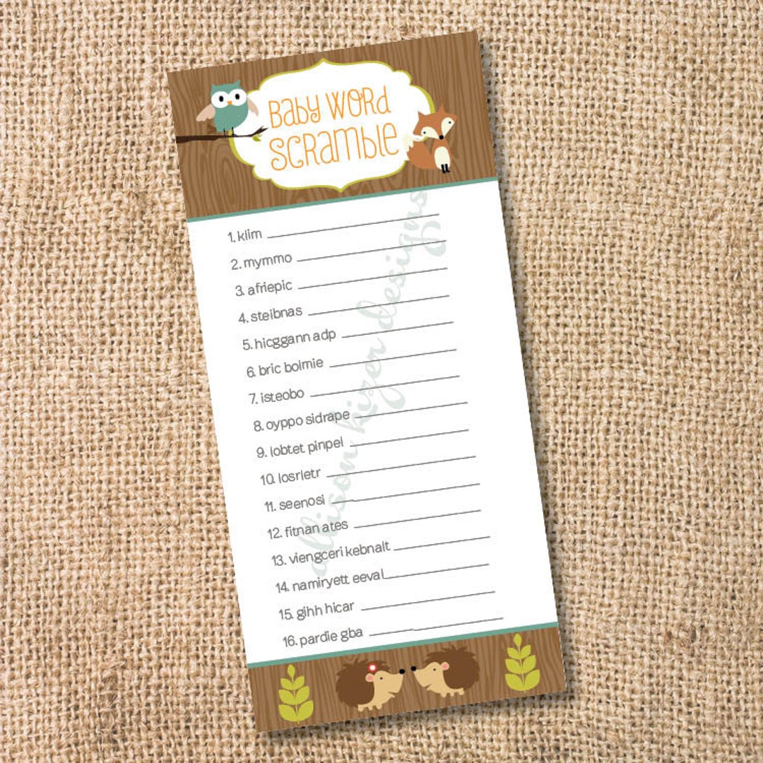 Woodland Baby Shower Game Forest Animals Owl Fox Baby Word Scramble ...