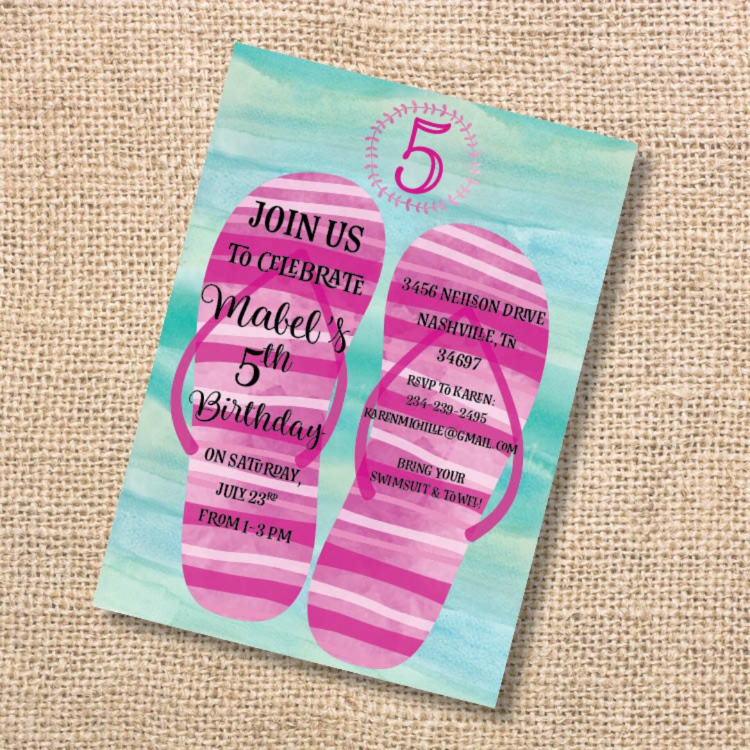 Flip Flops Invitation Pink Watercolor Pool Party Printable Invite ...