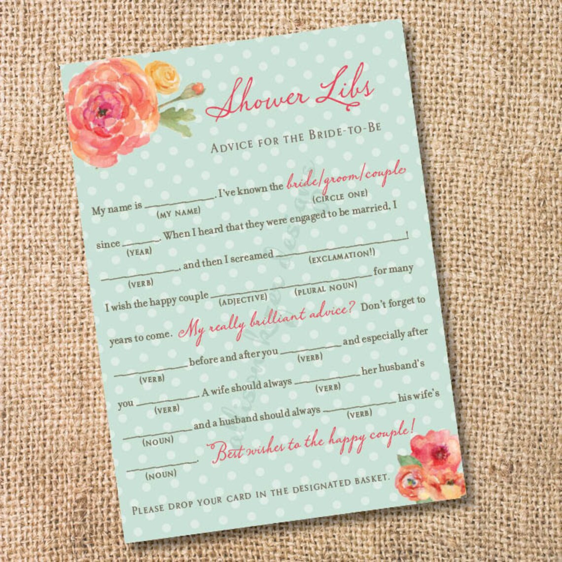 Watercolor Spring Floral Printable Bridal Shower Mad Libs Advice for ...