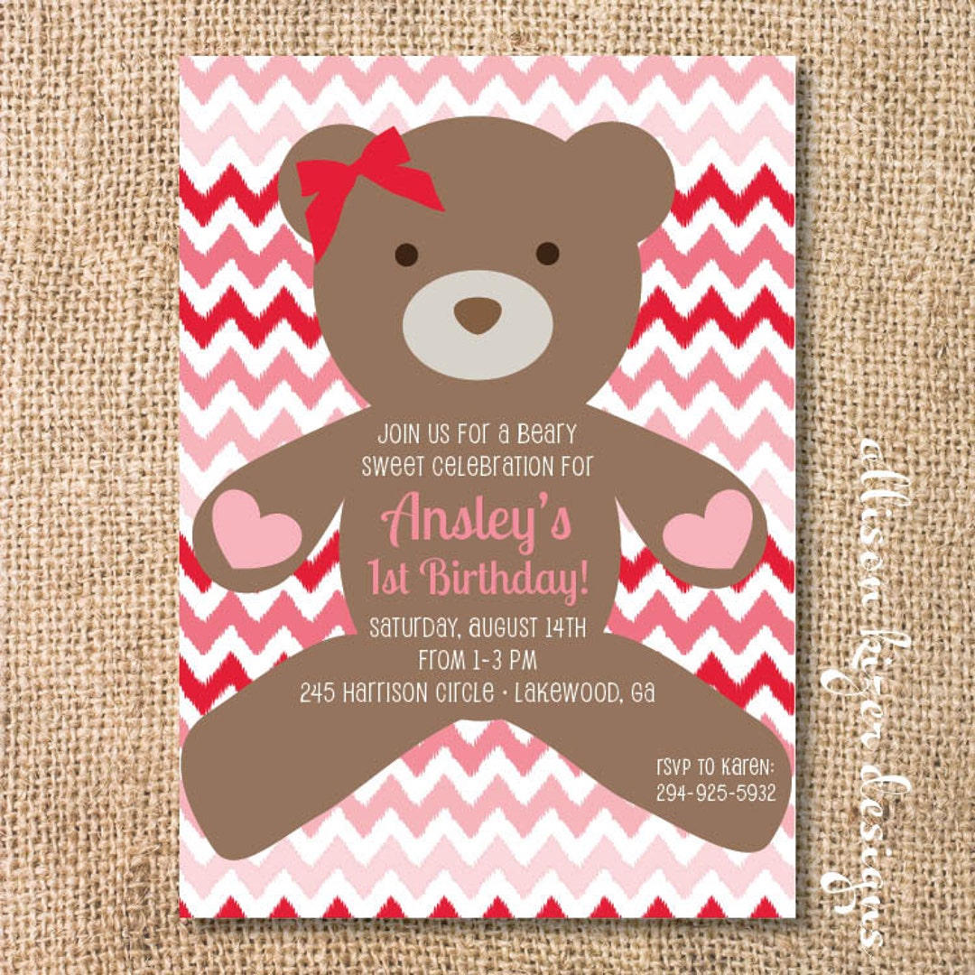 Pink & Red Chevron Bear Beary Sweet Printable Invitation - Etsy